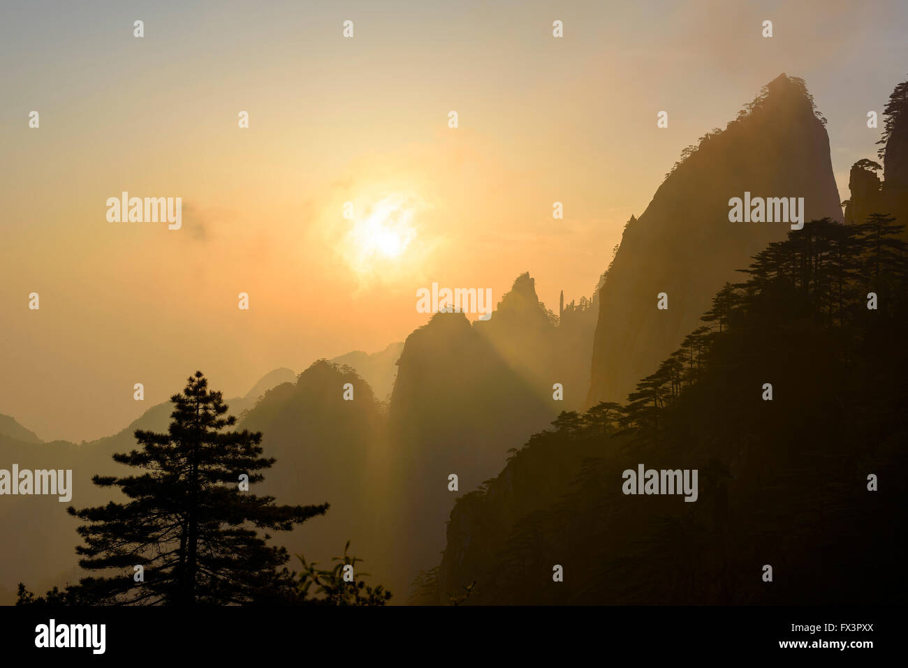 Yellow Mountain Sunrise. Sunrise over the Chinese mountains of ...