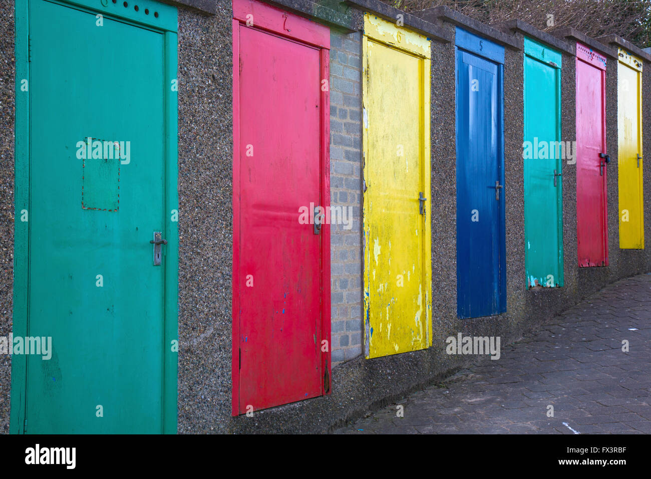 Doors of different colours in the town of Abersoch in North Wales Stock ...