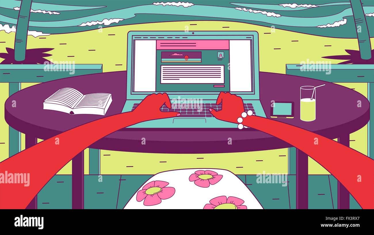 Woman typing on laptop. Woman sitting in a bungalow on the beach and ...