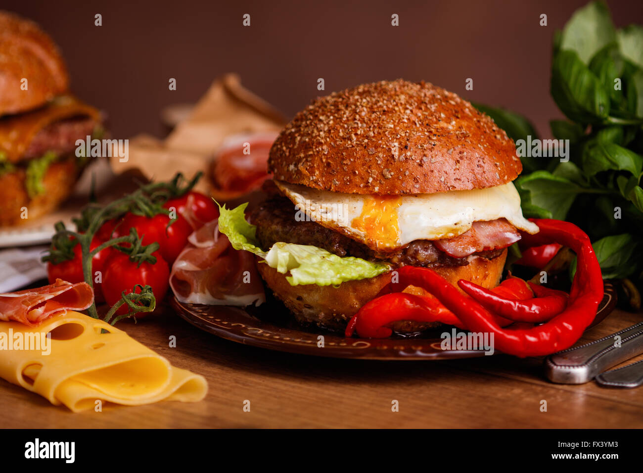dinner with burger and beer Stock Photo - Alamy