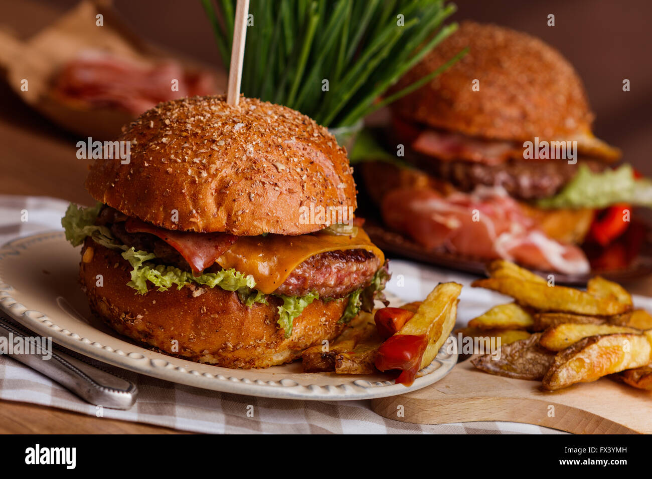 dinner with burger and beer Stock Photo - Alamy