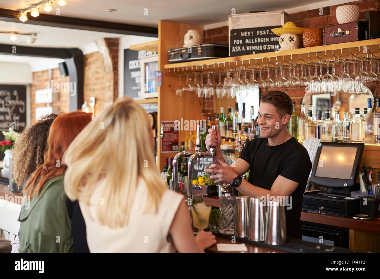 Bartender Serving Female Customers In Cocktail Bar Stock Photo - Alamy
