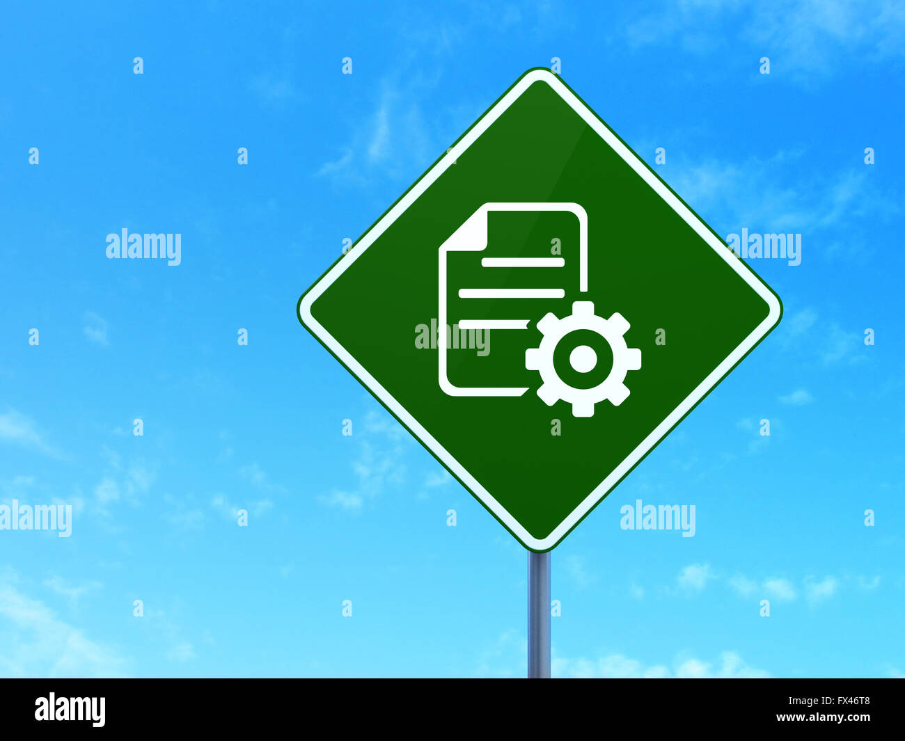 Programming concept: Gear on road sign background Stock Photo - Alamy