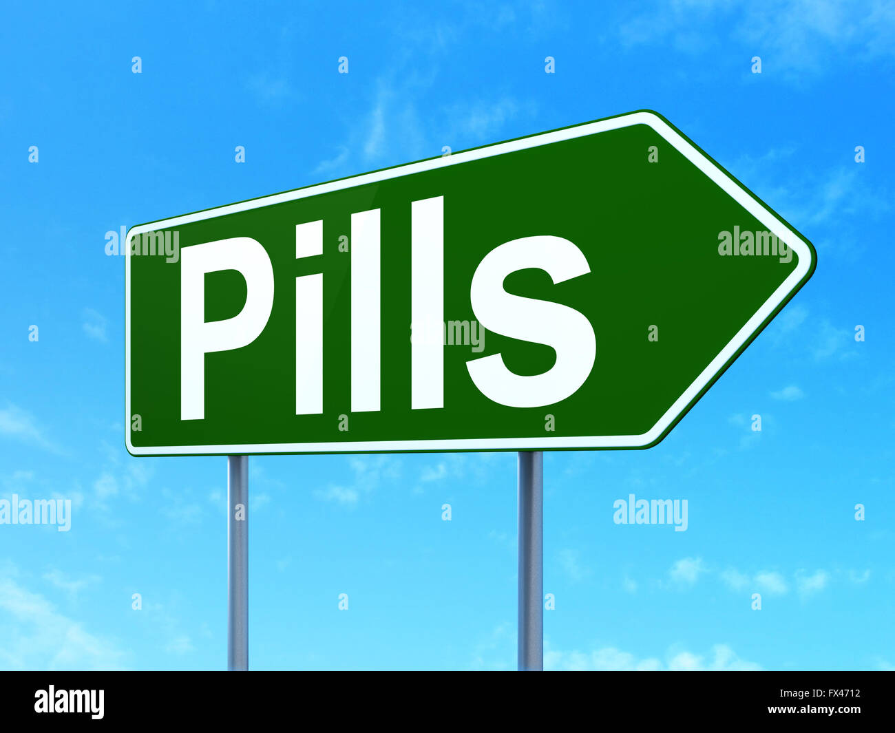 Medicine concept: Pills on road sign background Stock Photo - Alamy