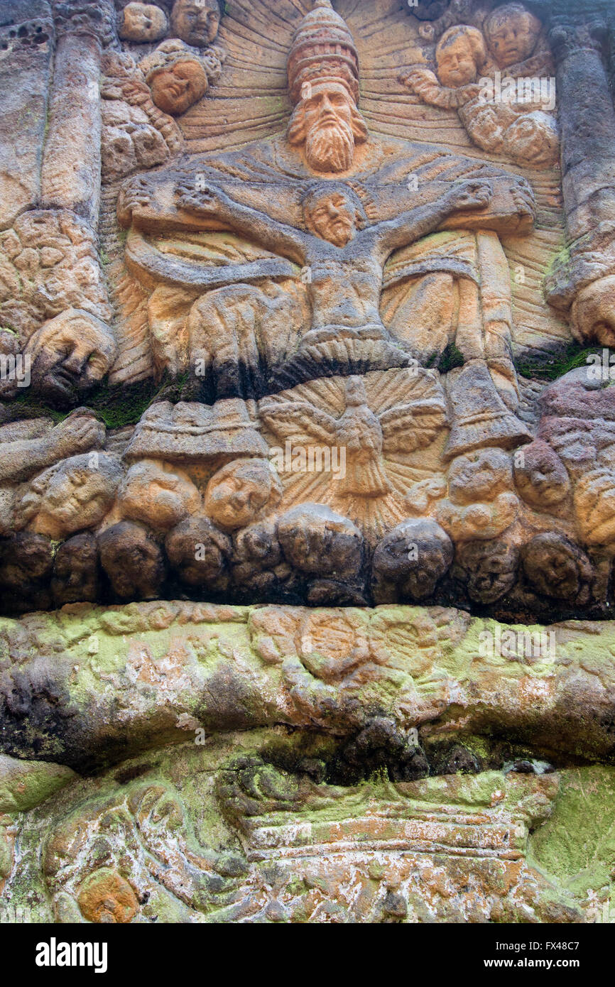 Relief of the Holy Trinity - stone altar carved in sandstone cliff in ...