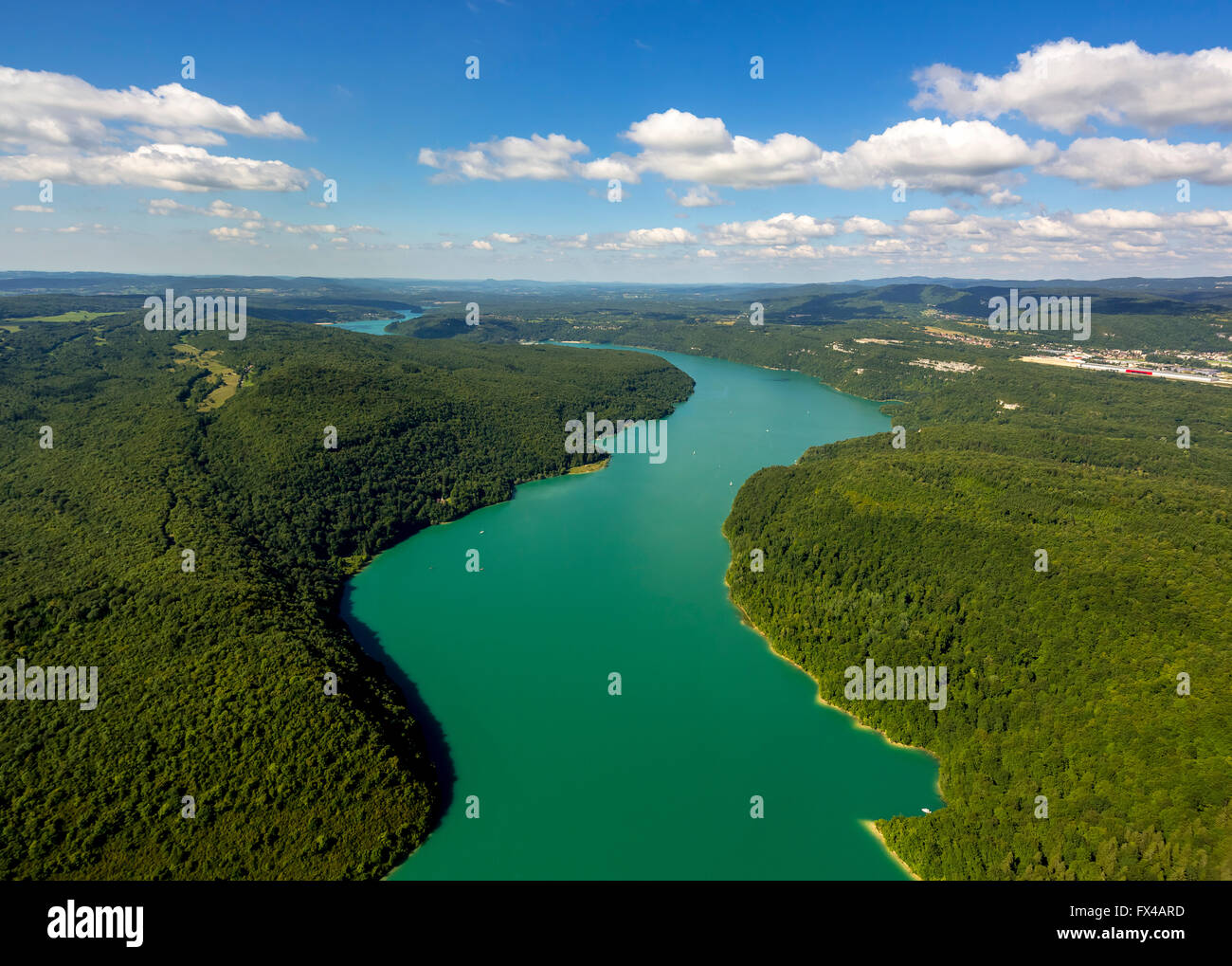 Aerial view, lake, Lac de Vouglans, lakes, wooded peninsula, green ...
