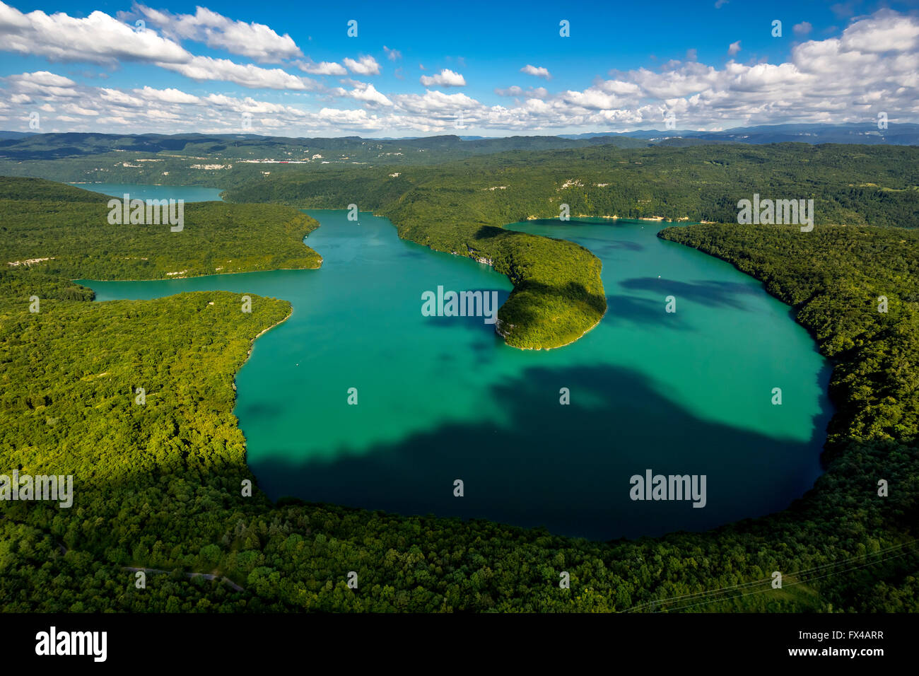 Aerial view, lake, Lac de Vouglans, lakes, wooded peninsula, green ...