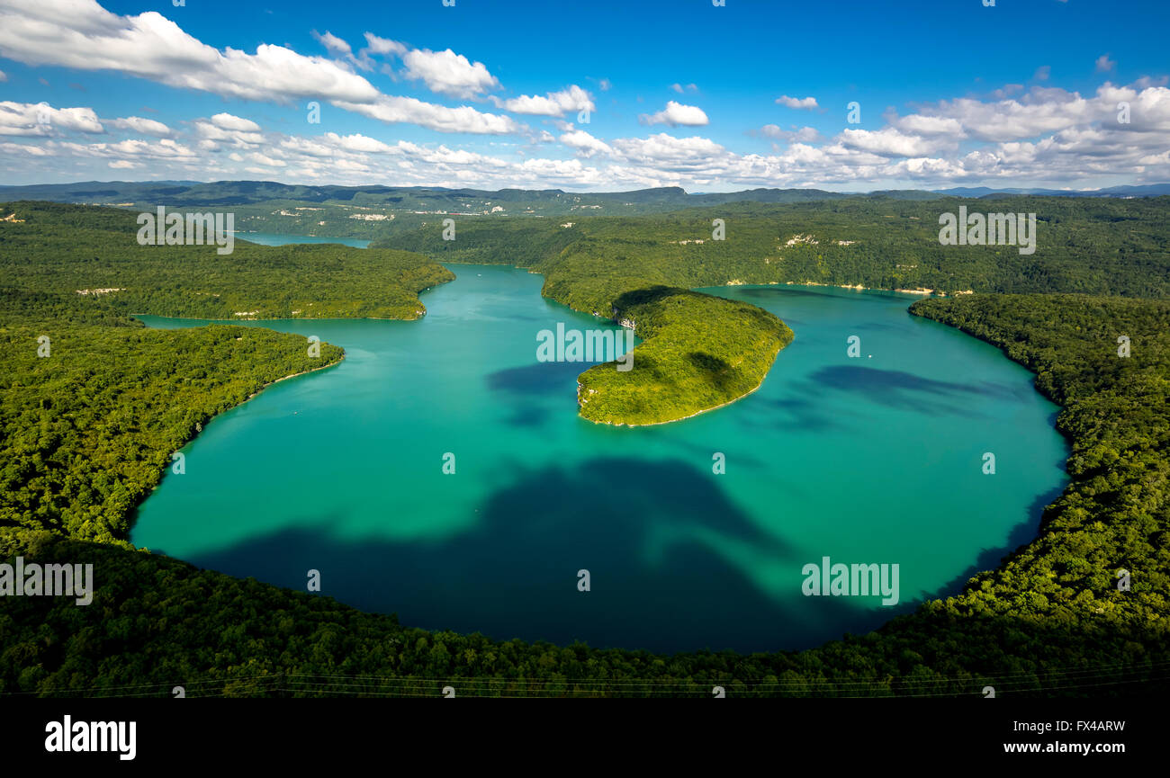 Aerial view, lake, Lac de Vouglans, lakes, wooded peninsula, green ...