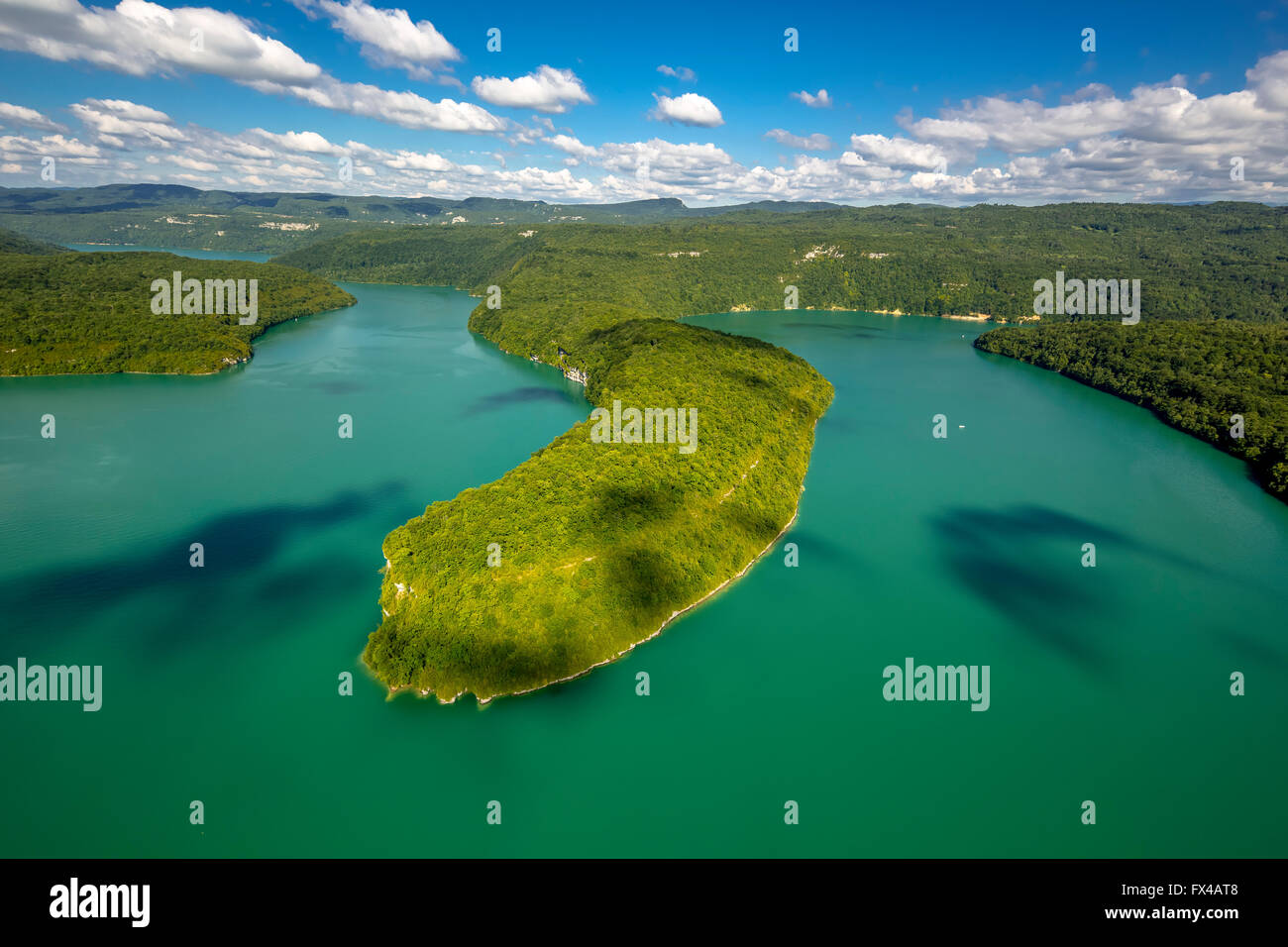 Aerial view, lake, Lac de Vouglans, lakes, wooded peninsula, green ...
