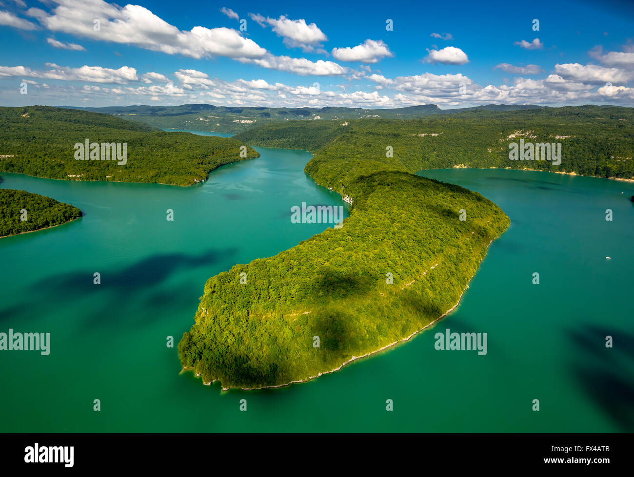 Aerial view, lake, Lac de Vouglans, lakes, wooded peninsula, green ...