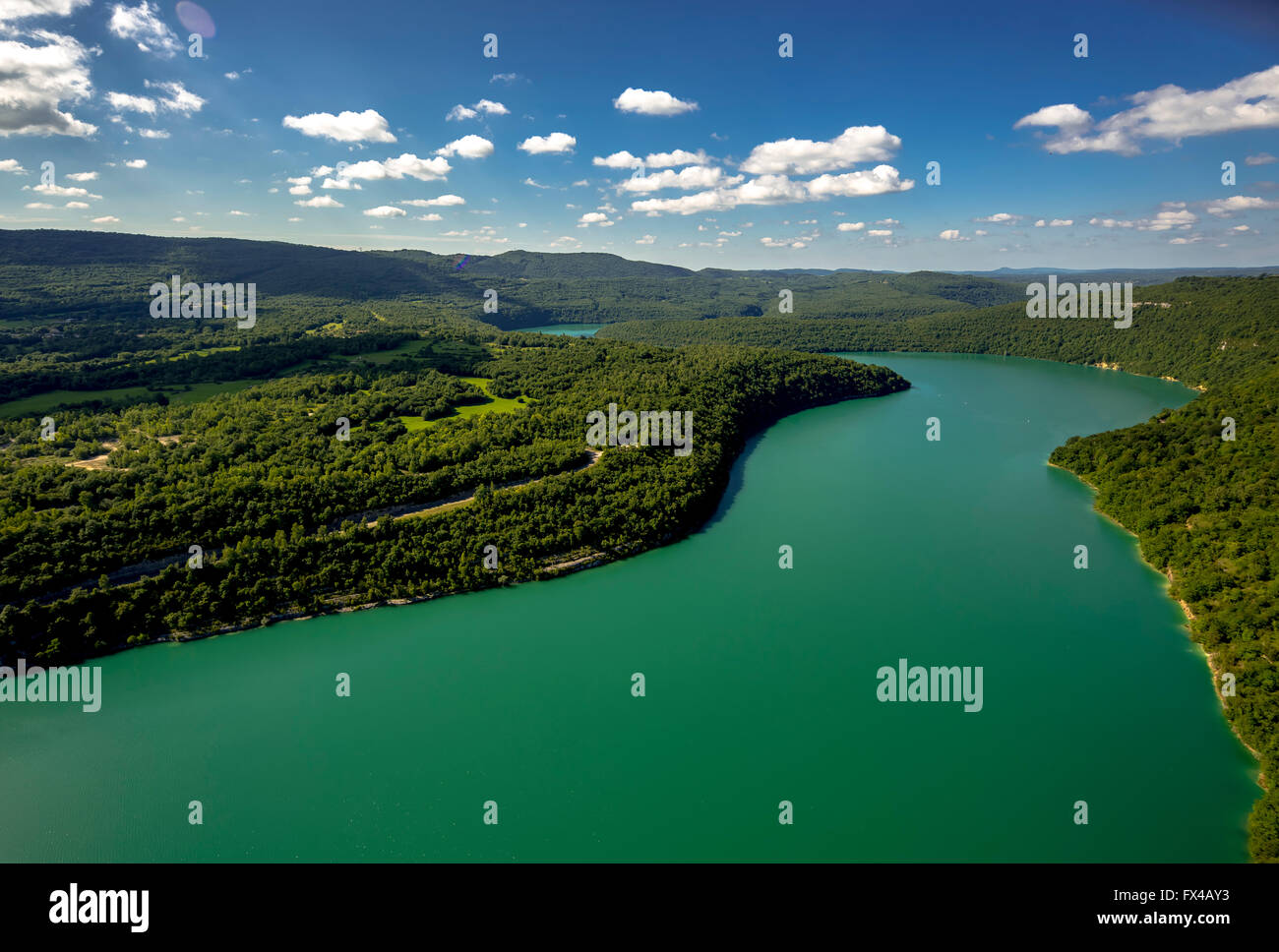 Aerial view, lake, Lac de Vouglans, lakes, wooded peninsula, green ...