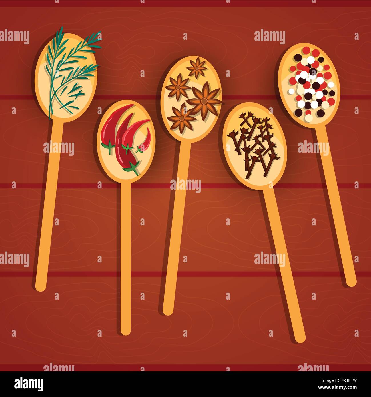 Spoon Collection With Different Spices Herbs Over Wooden Texture ...