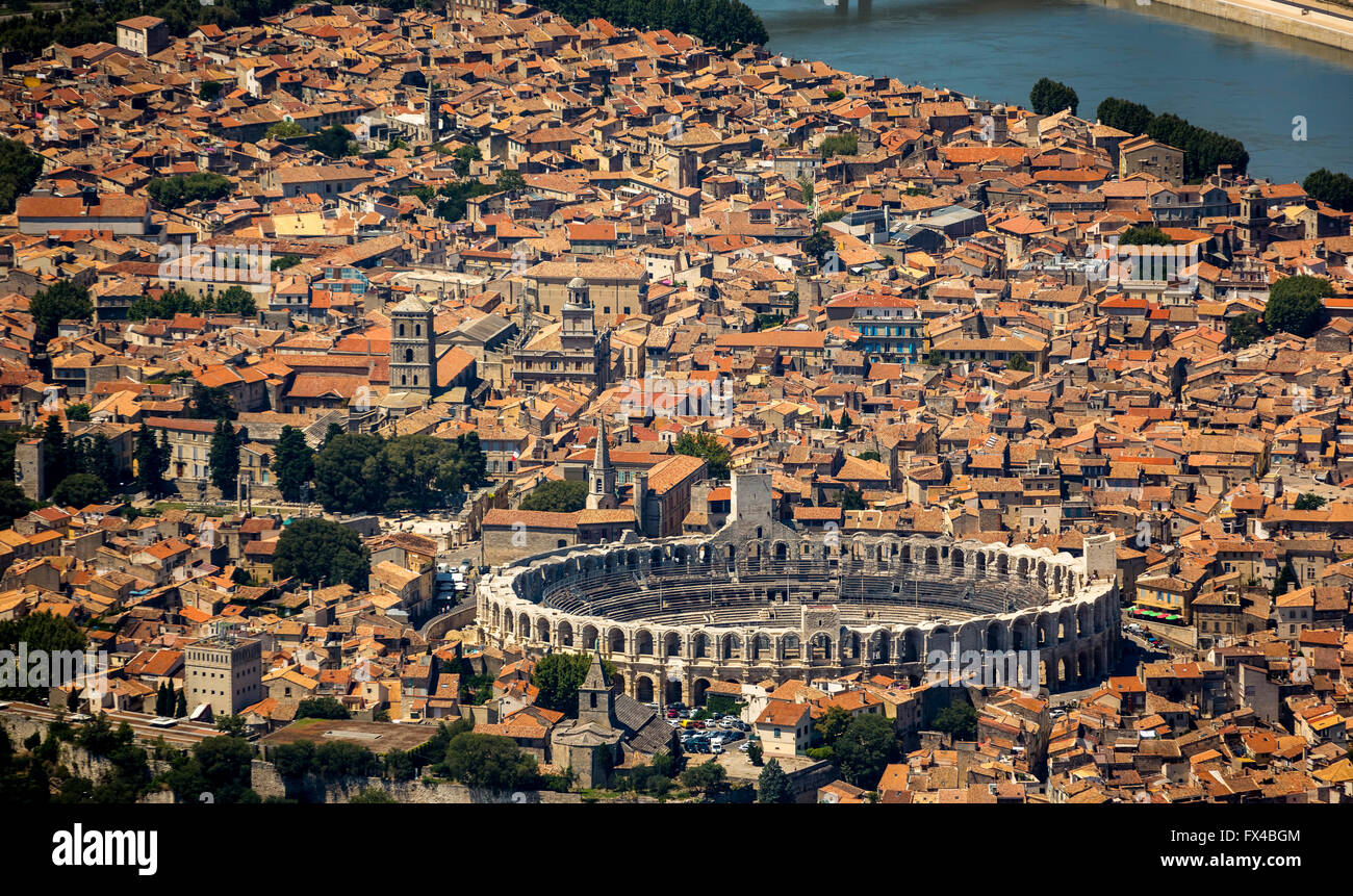 Aerial view, historic city of Arles on the Rhone, downtown Arles the amphitheater on the UNESCO ...