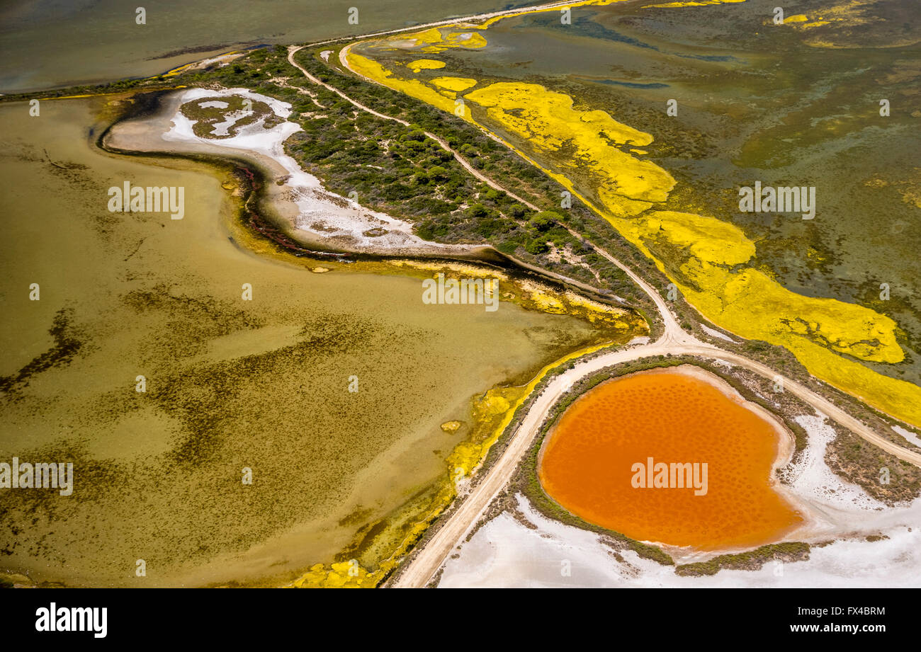 Aerial, salt flowers on the surfaces of the salt works, marshlands and ...