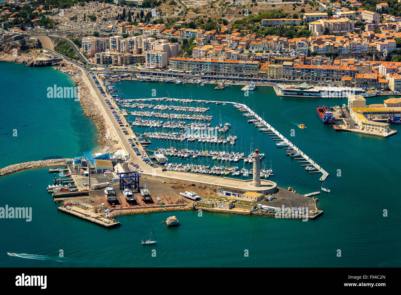 Aerial view, marina of Sete, Marina, lighthouse, Sète, France ...