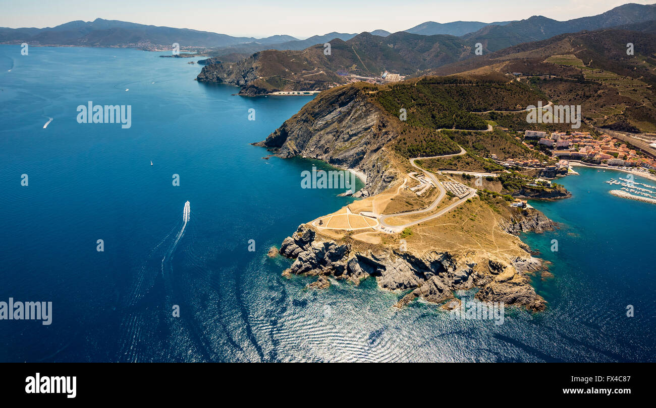 Aerial view, coastal limit of Cerbère, rocky coastline on the ...