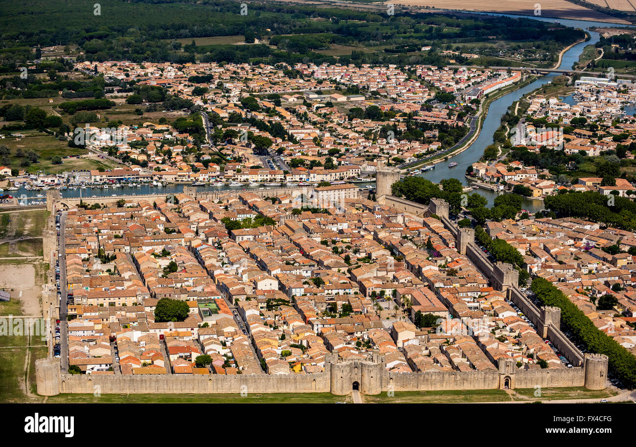 Aerial view, Medieval town with a rectangular walled city, southern ...