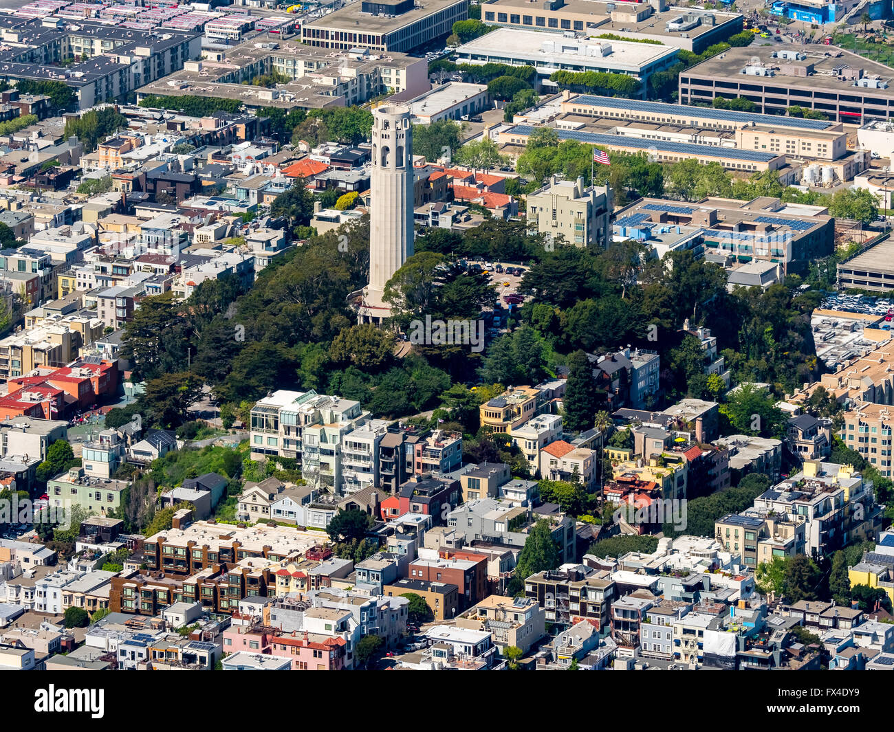 Aerial view, Coit Tower, Lookout, North Beach District, San Francisco ...