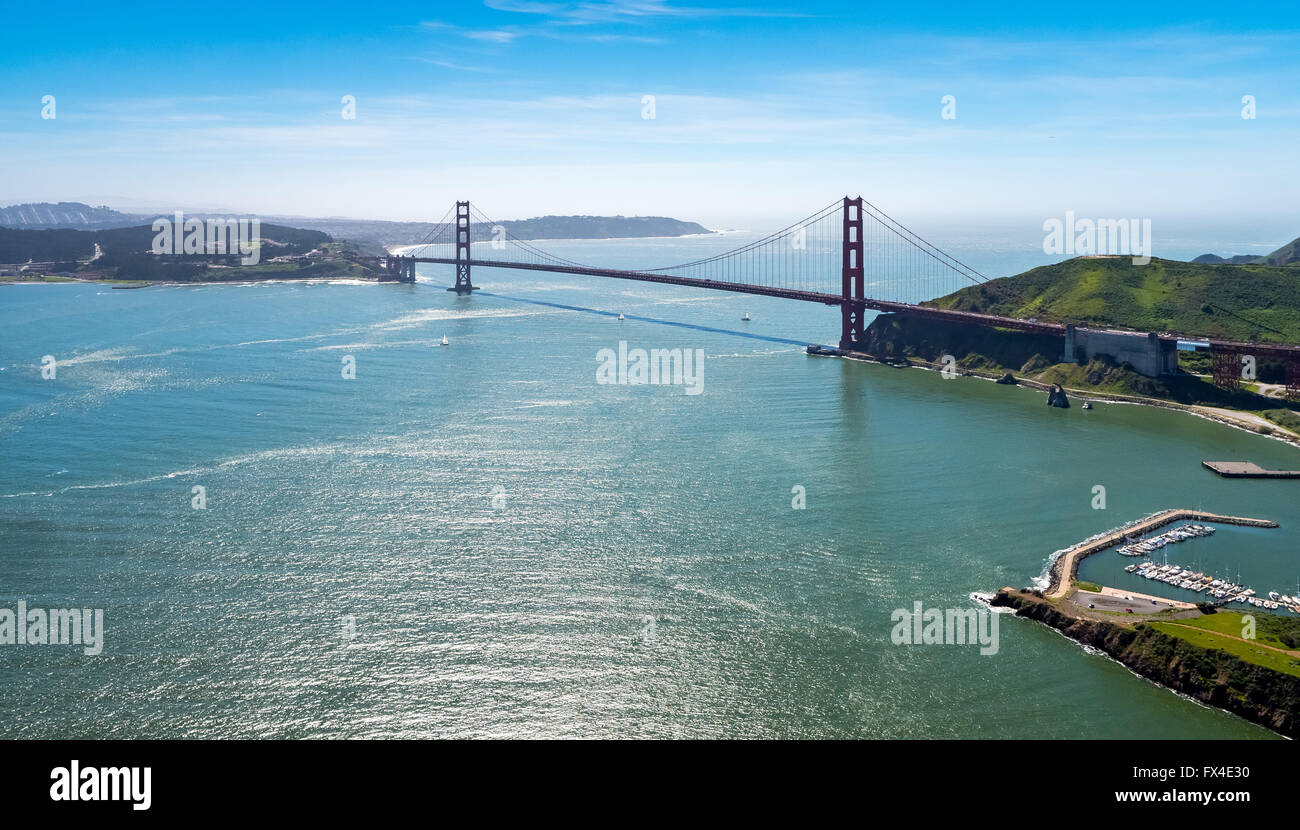 Aerial view, Golden Gate Bridge from the east site, blue sky, San ...