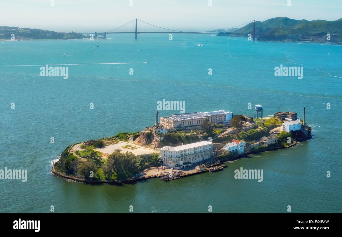 Aerial view, Alcatraz, Golden Gate Bridge in the background, Alcatraz ...