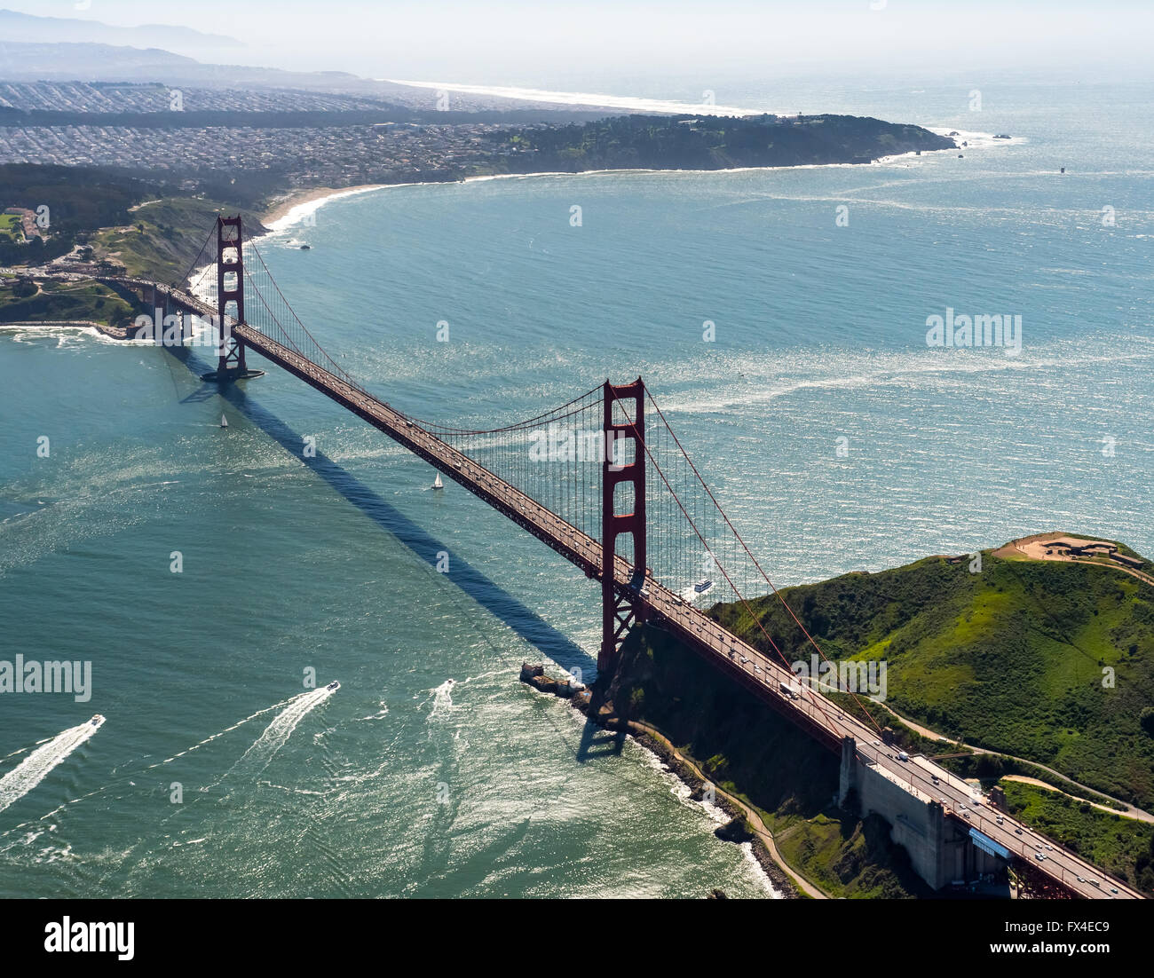 Aerial view, Golden Gate Bridge from the east site, blue sky, San ...