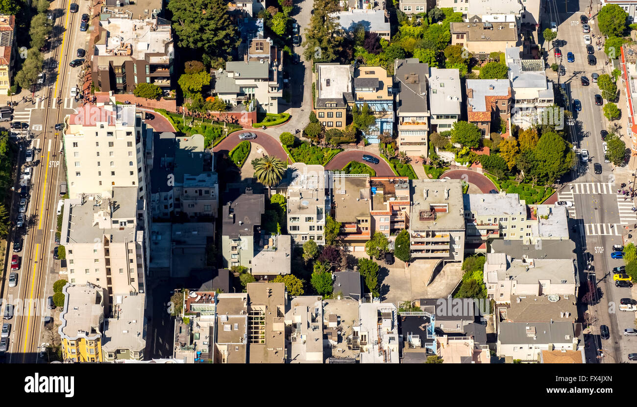 Aerial view, Lombard Street, winding road, curve road, streets of San ...