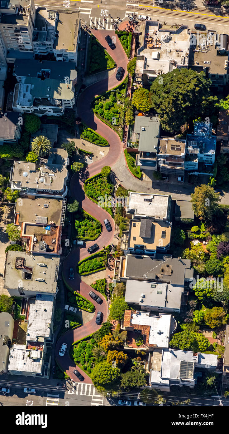 Aerial view, Lombard Street, winding road, curve road, streets of San ...