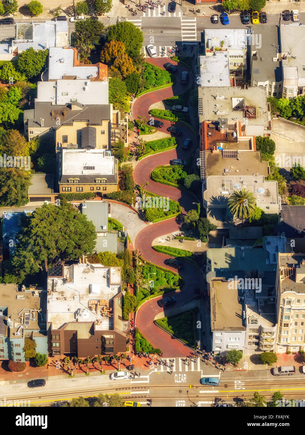 Aerial view, Lombard Street, winding road, curve road, streets of San ...
