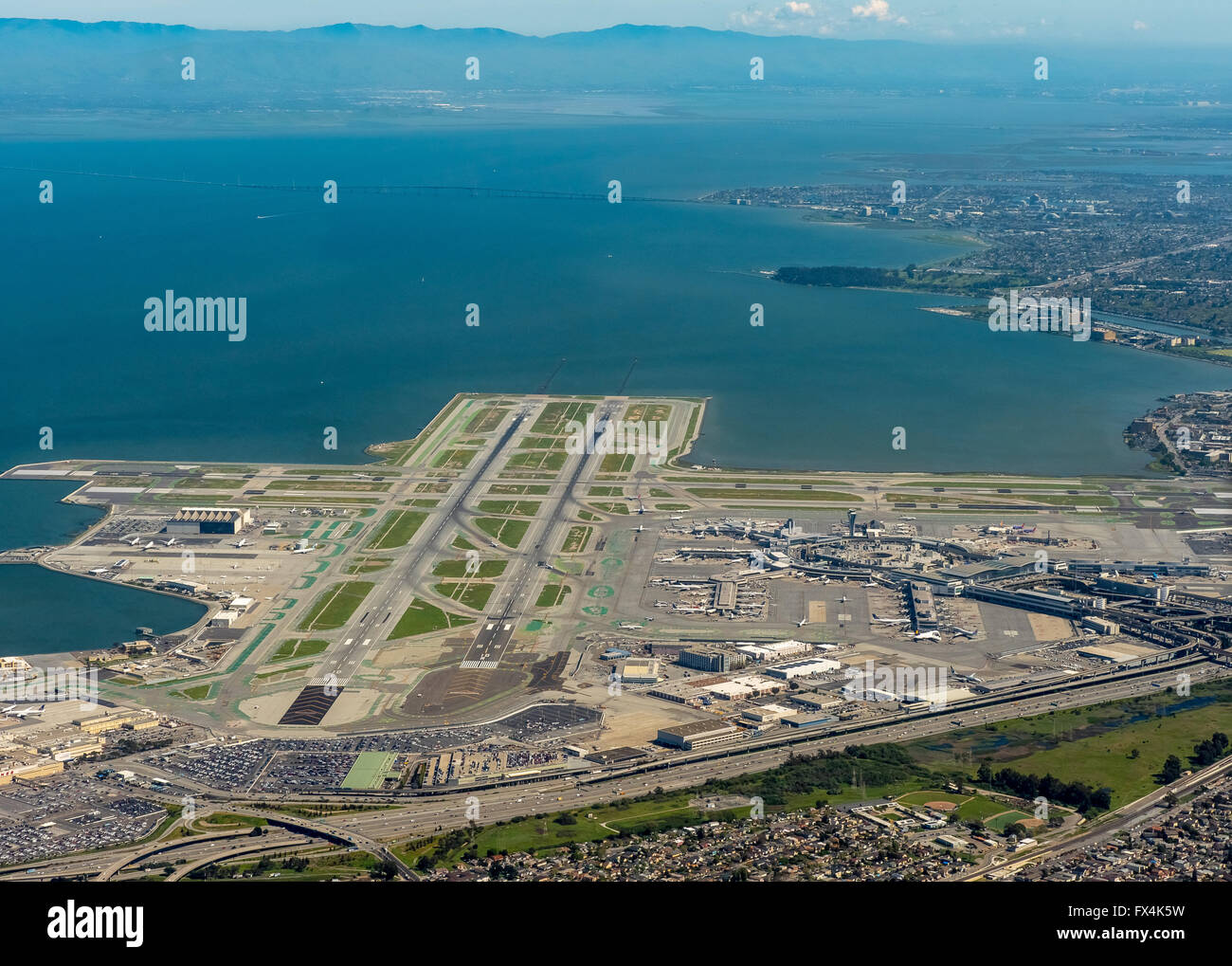 Aerial, International Airport of San Francisco, SFO, San Francisco, Bay ...