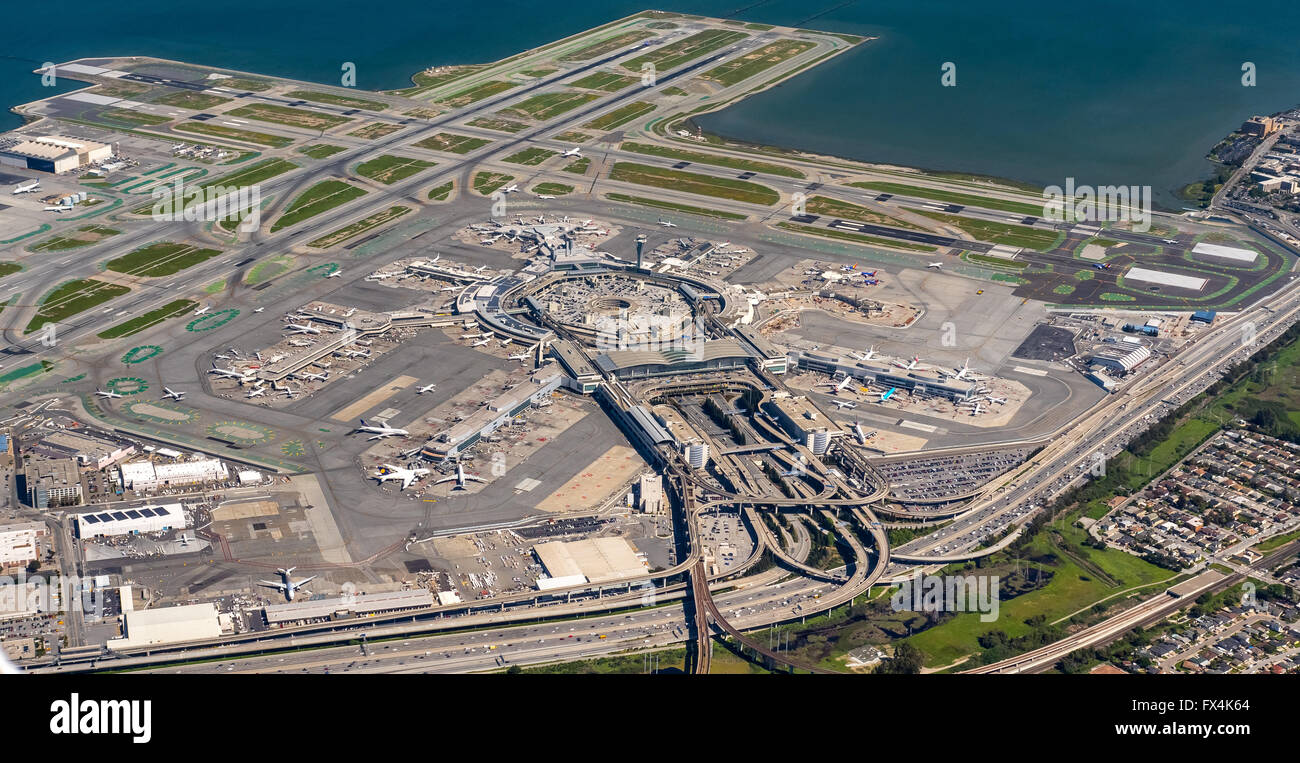 Aerial, International Airport of San Francisco, SFO, San Francisco, Bay ...