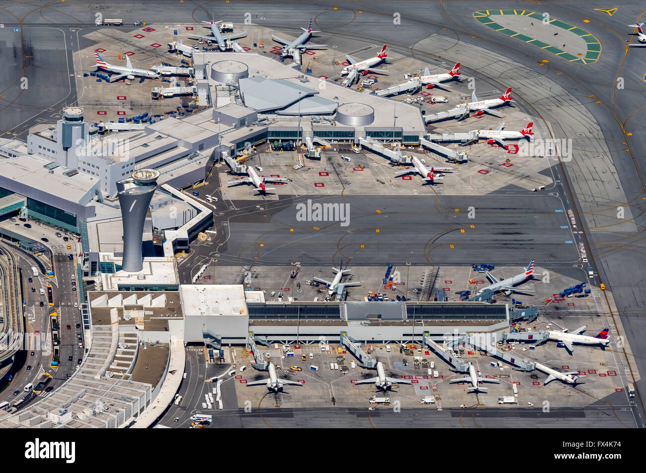 Aerial, International Airport of San Francisco, SFO, San Francisco, Bay ...