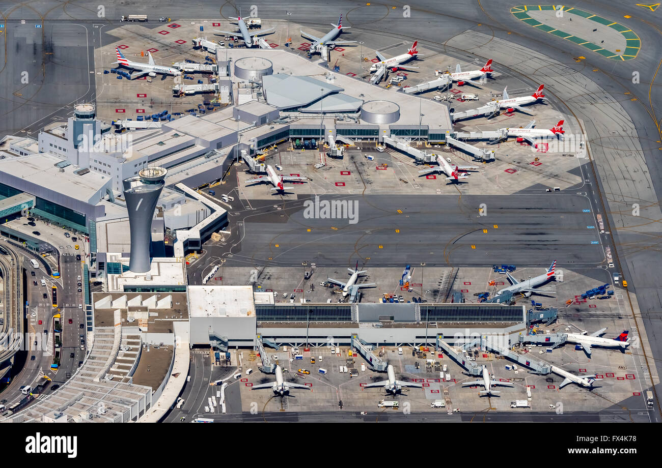 Aerial, International Airport of San Francisco, SFO, San Francisco, Bay ...