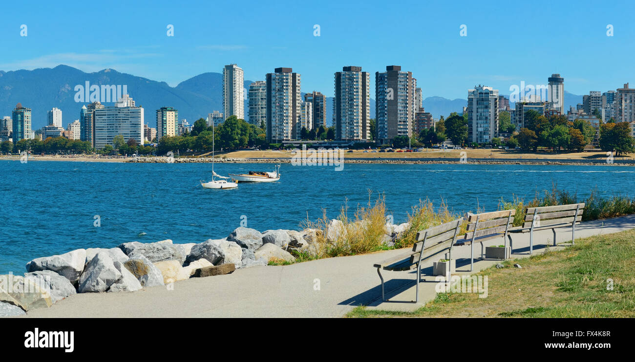 Vancouver city skyline at waterfront with bench in park Stock Photo - Alamy