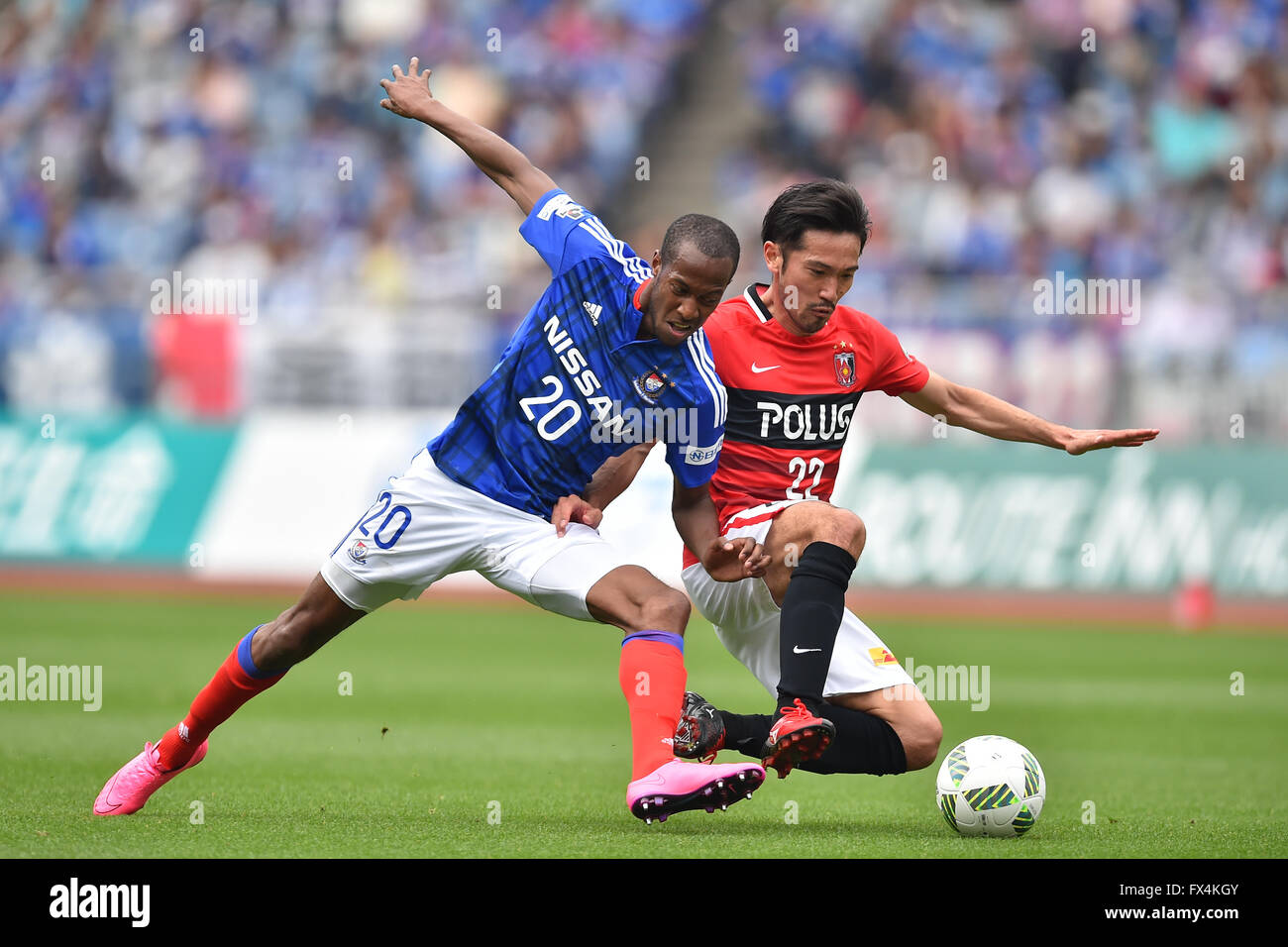 Kanagawa, Japan. 10th Apr, 2016. Martinus (F Marinos), Yuki Abe (Reds ...