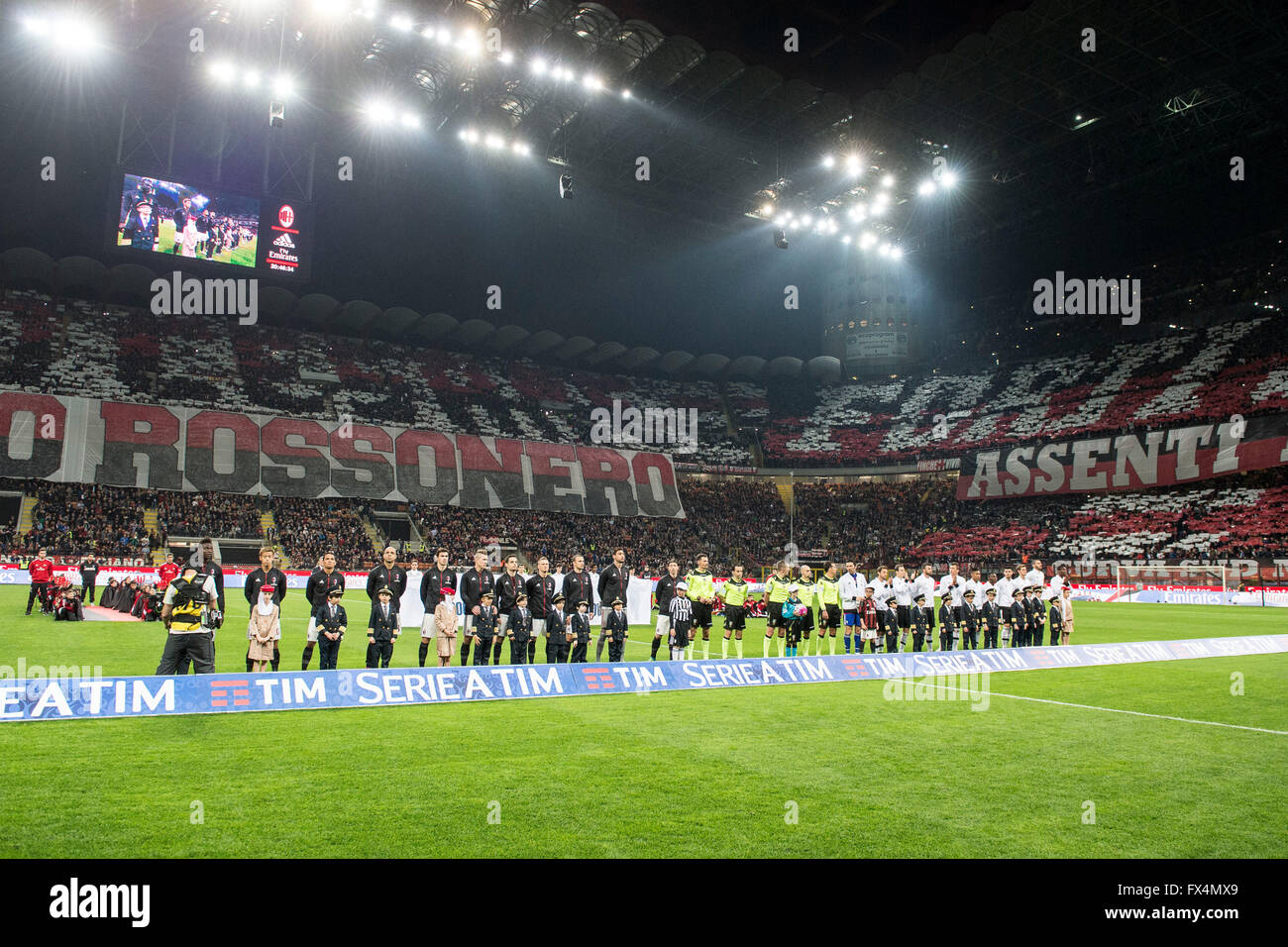 Milan, Italy. 9th Apr, 2016. Two team group line-up Football/Soccer ...