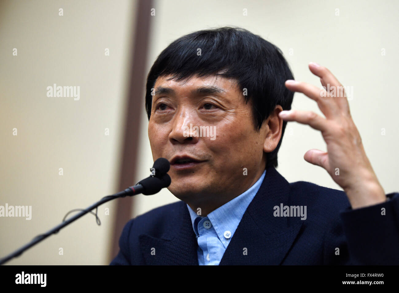 Beijing, China. 11th Apr, 2016. Chinese writer Cao Wenxuan gestures ...
