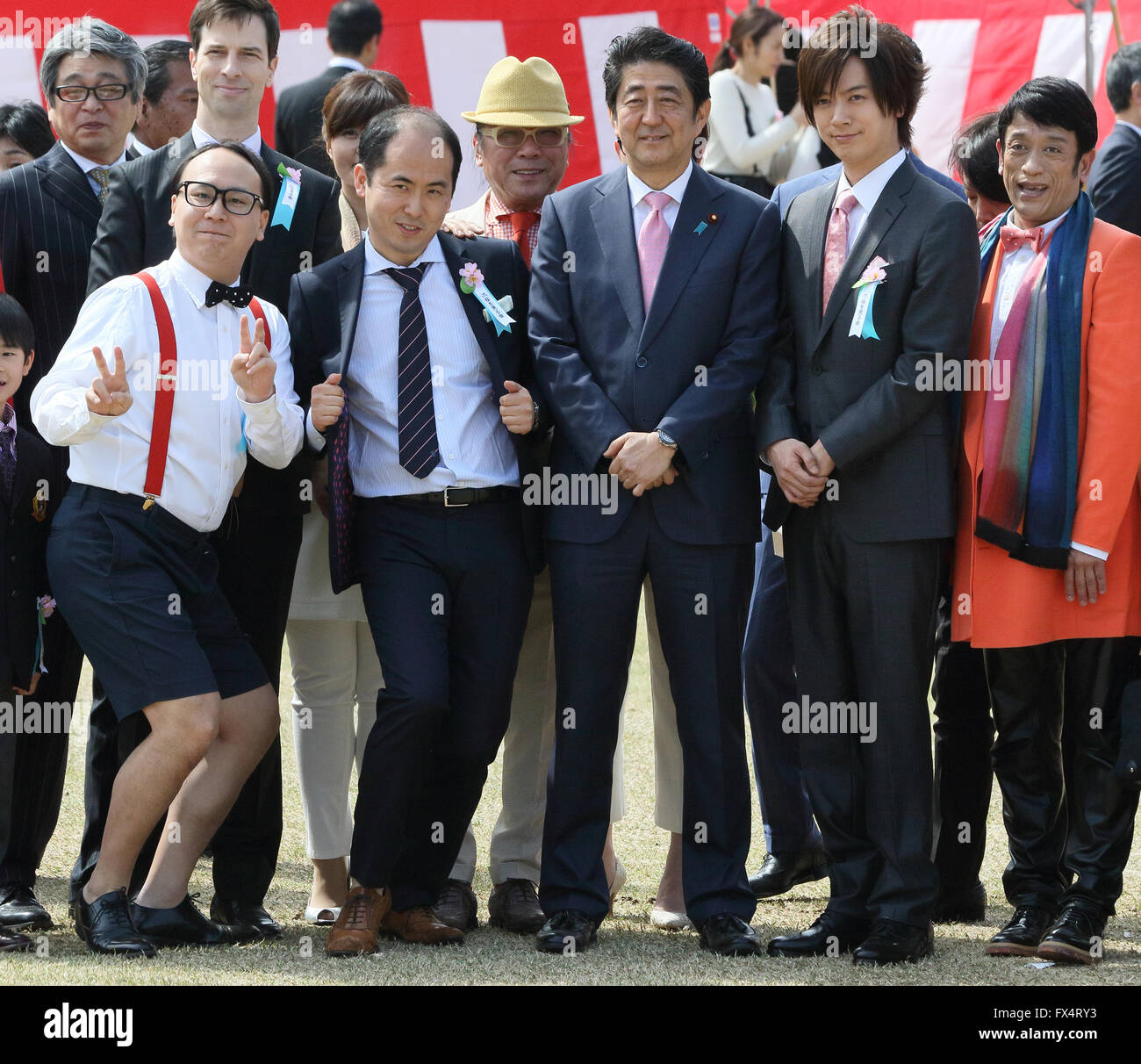Tokyo, Japan. 9th Apr, 2016. Trendy Angel, Abe Shinzo and DAIGO pose for press during Cherry ...