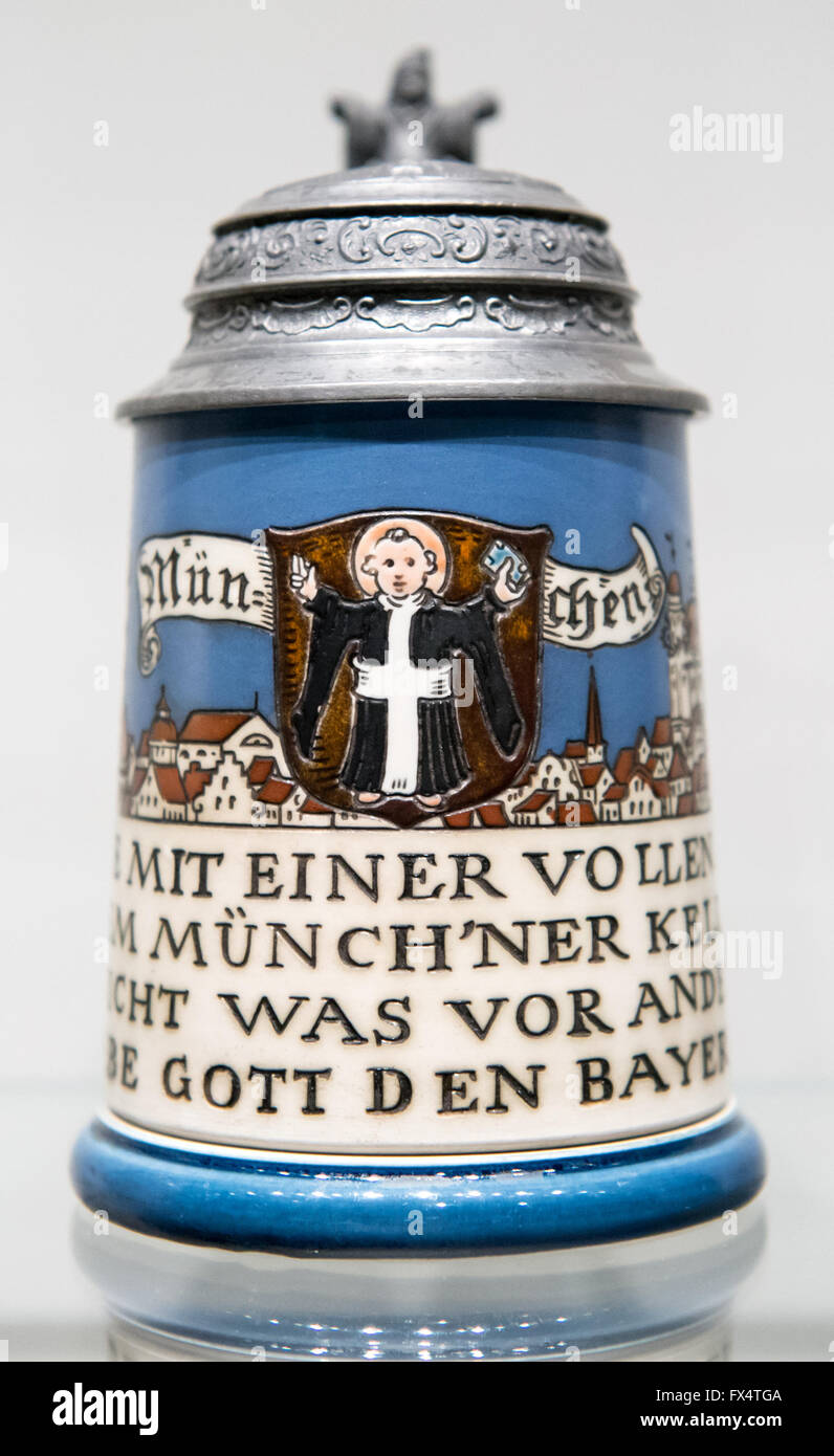 Munich, Germany. 11th Apr, 2016. A beer keg from 1895 is on display in ...