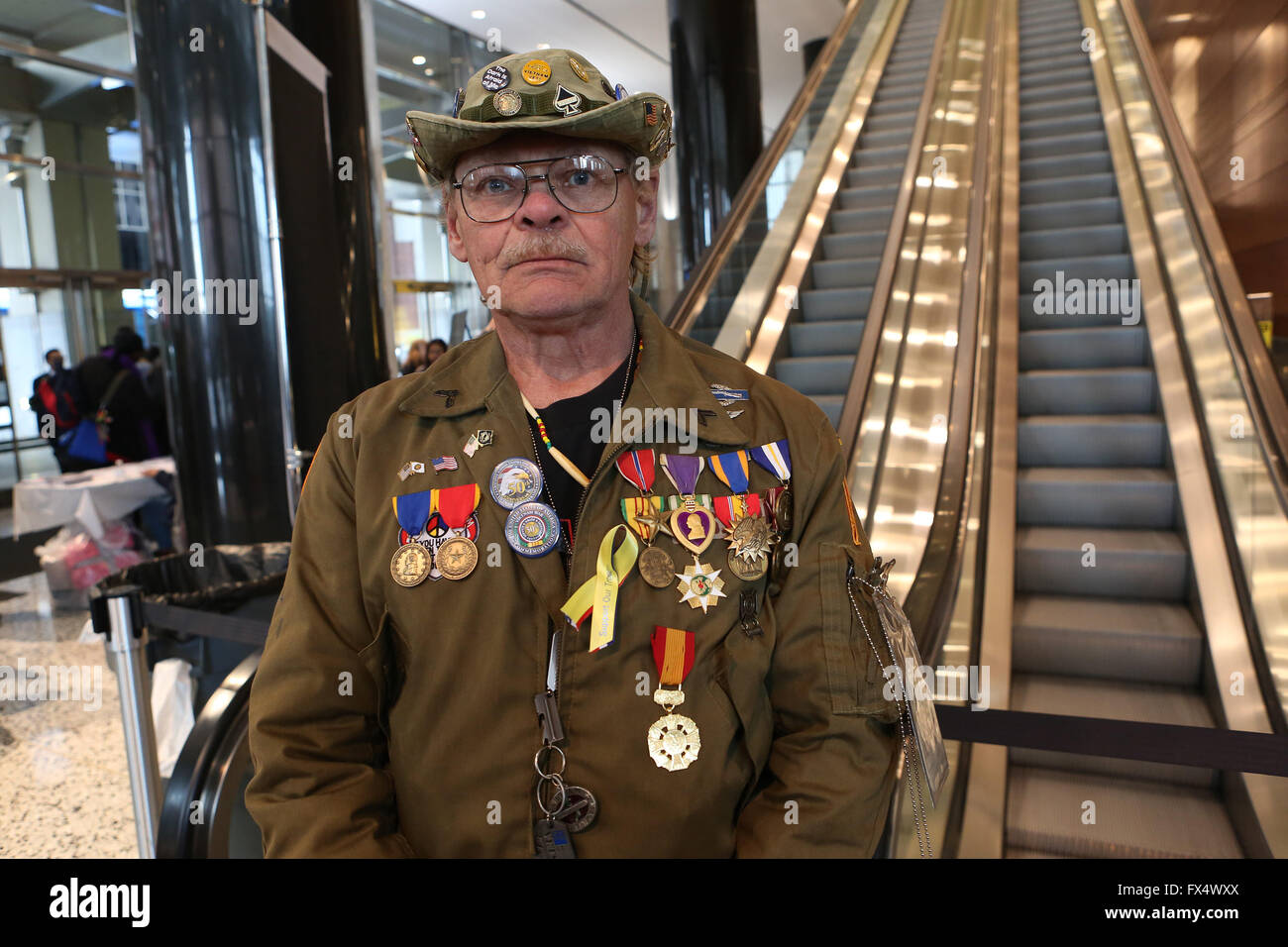 New York City, NY, USA. 2nd Apr, 2016. A Vietnam Veteran poses after ...