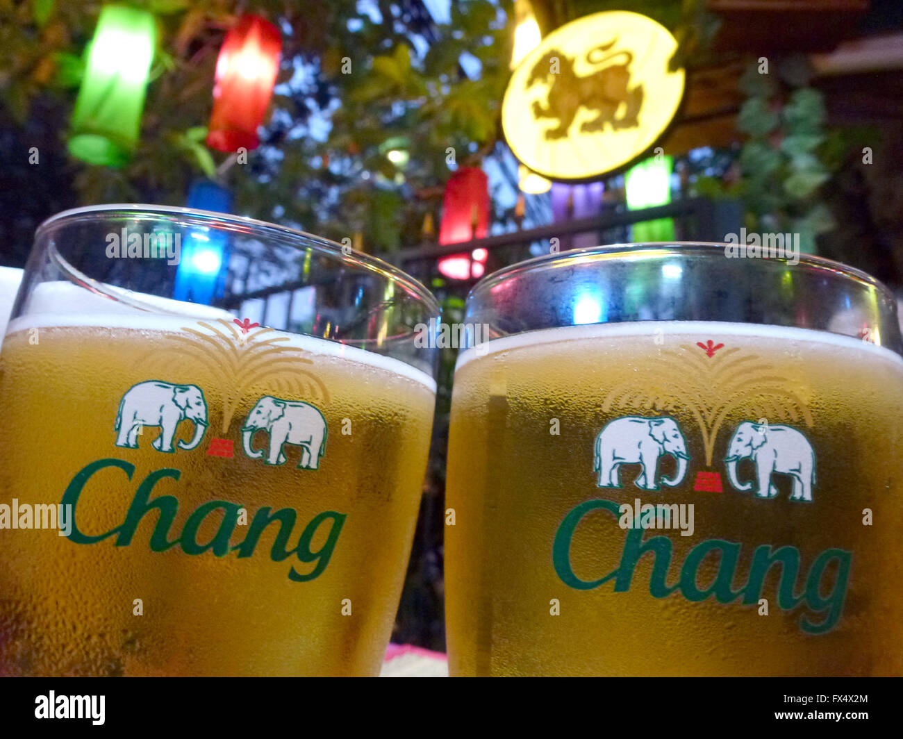 Bangkok, Thailand. 29th Feb, 2016. Two glasses filled with Chang beer ...