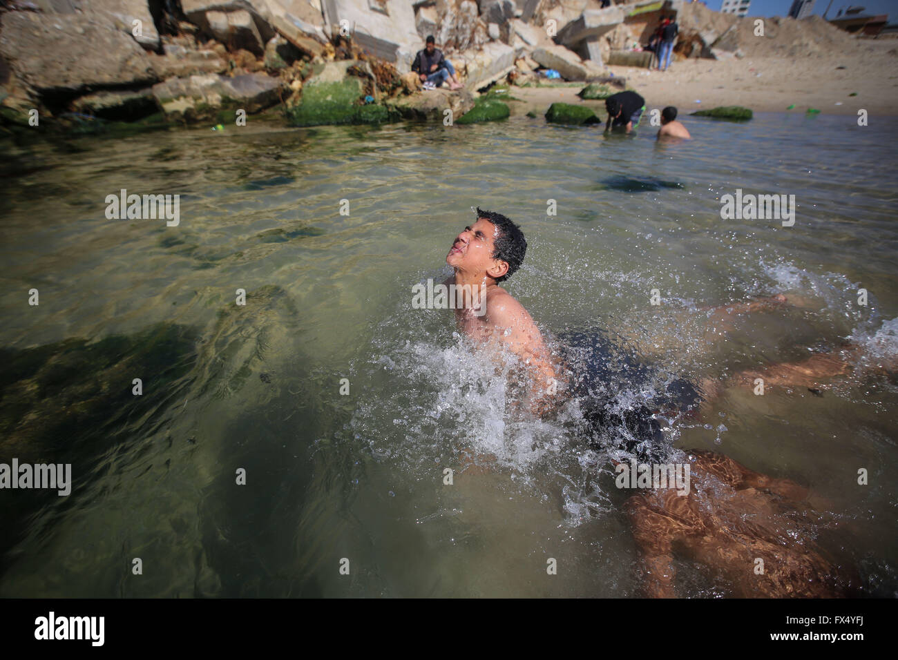 Gaza, Palestine. 05th Apr, 2016. Palestinian boys swims in the sea near ...
