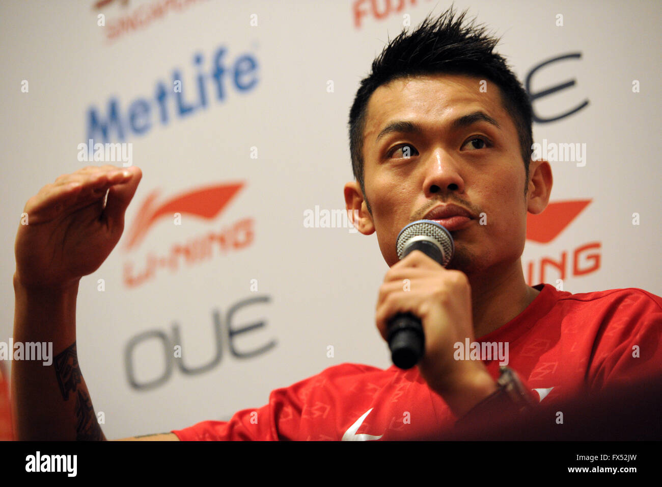 Singapore. 12th Apr, 2016. China's badminton player Lin Dan attends the ...