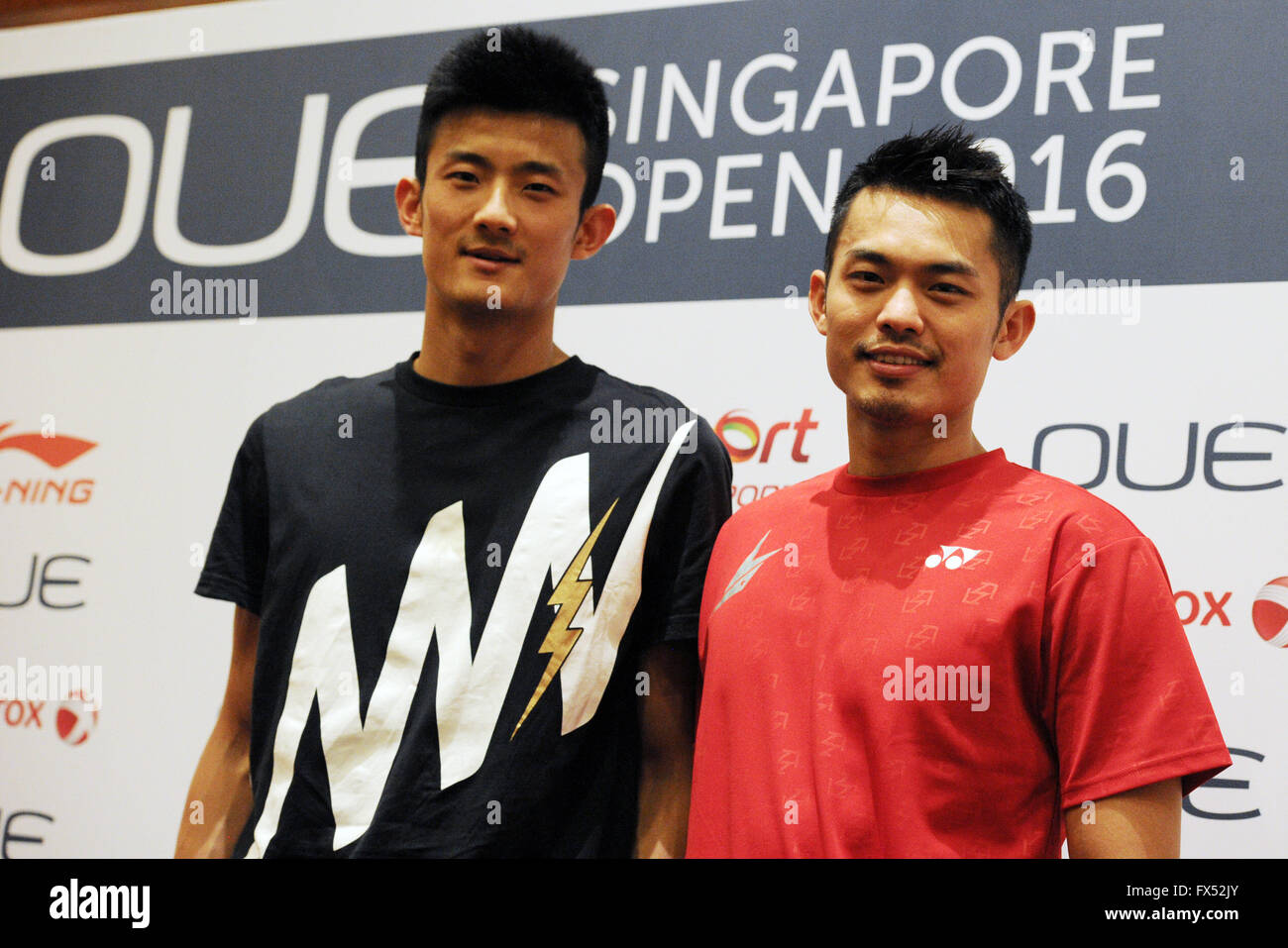 Singapore. 12th Apr, 2016. China's badminton players Lin Dan (R) and ...