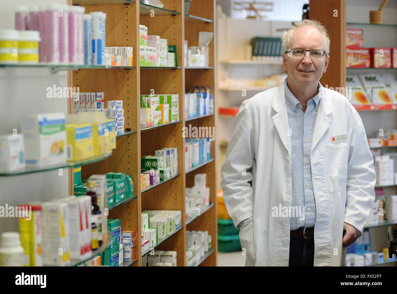 Pharmacist Andreas Kersten posing in his Undine pharmacy in Berlin ...