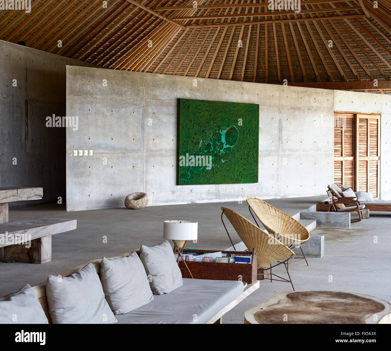 Overall interior view of main Palapa, art work by Bosco Sodi. Casa Wabi ...
