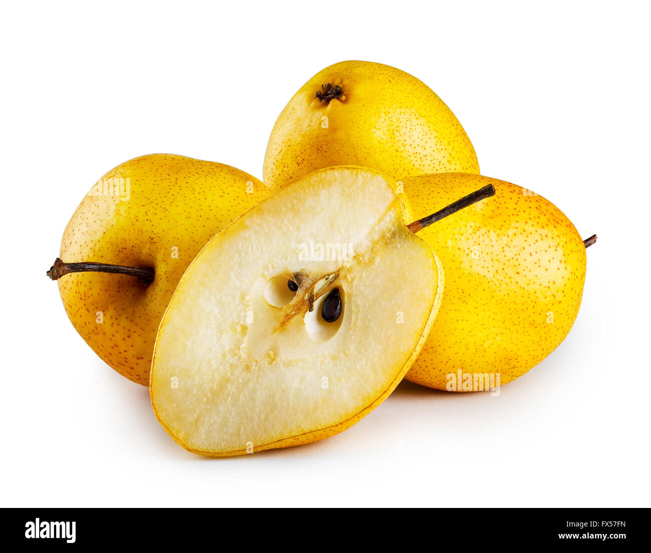 Three whole pear and half isolated on white background Stock Photo - Alamy