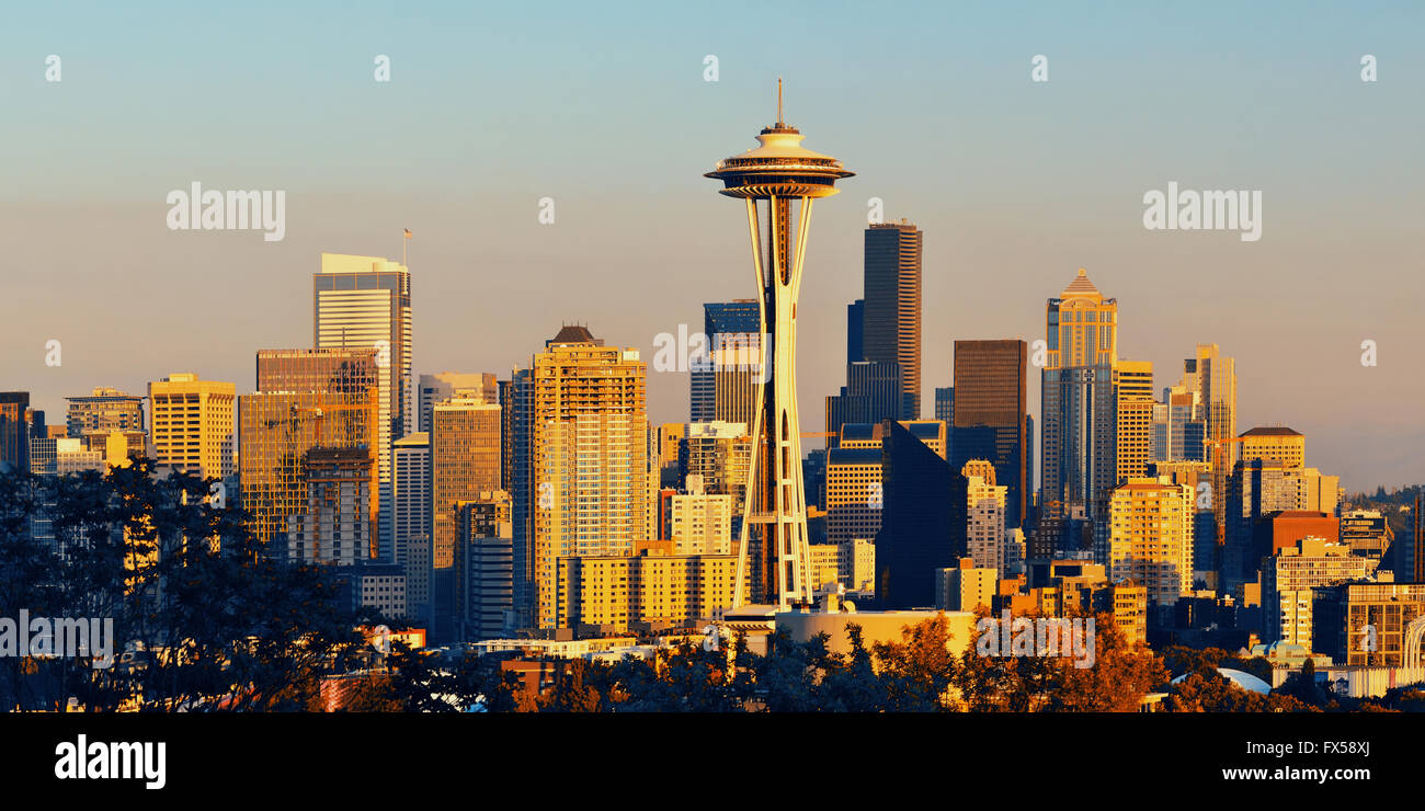 Seattle city skyline at sunset with urban office buildings viewed from ...