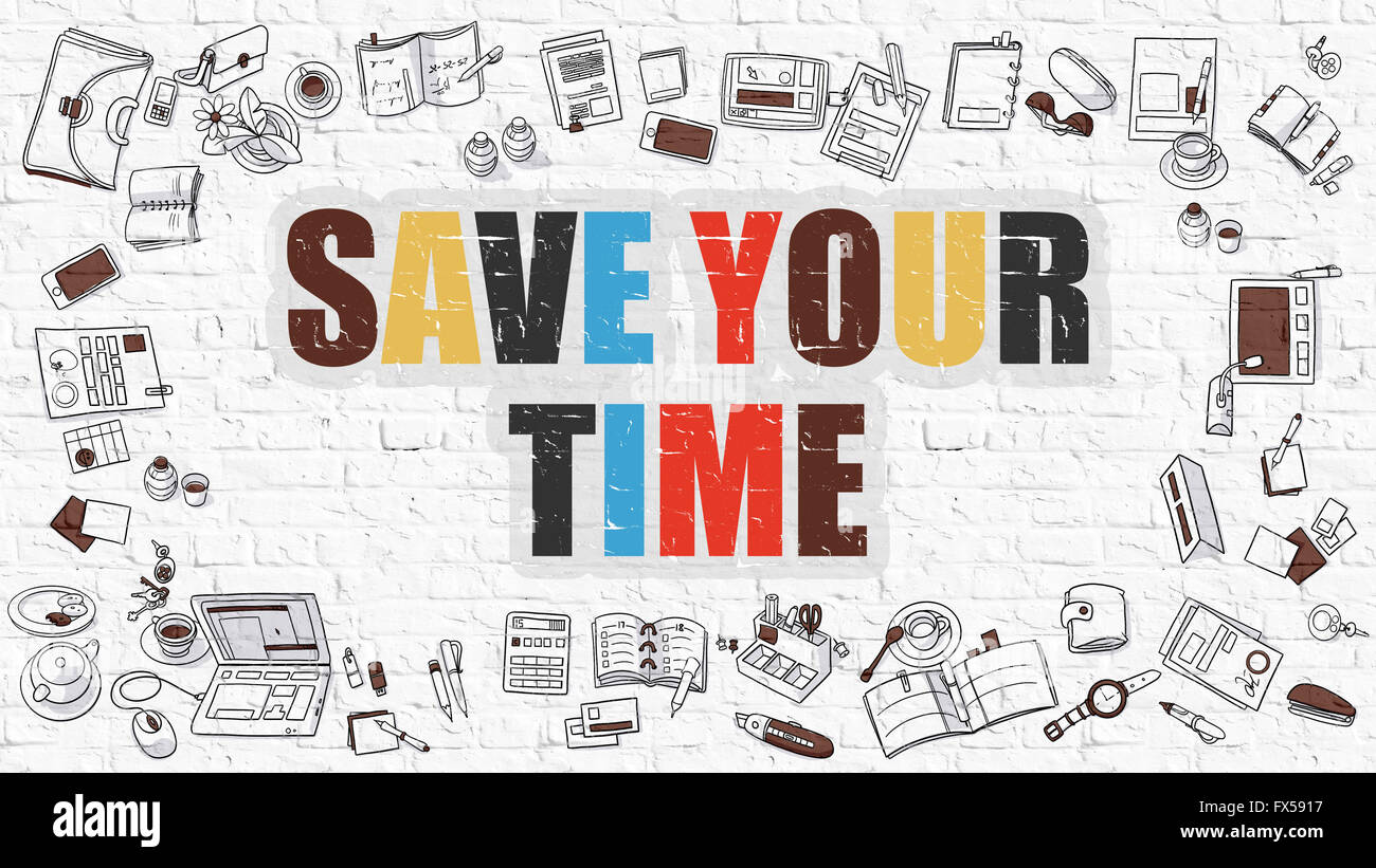 Save Your Time on White Brick Wall Stock Photo - Alamy