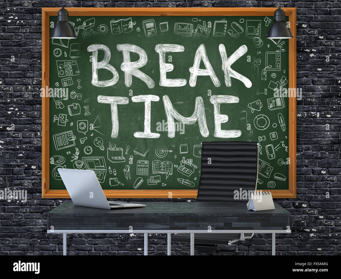 Hand Drawn Break Time on Office Chalkboard Stock Photo - Alamy