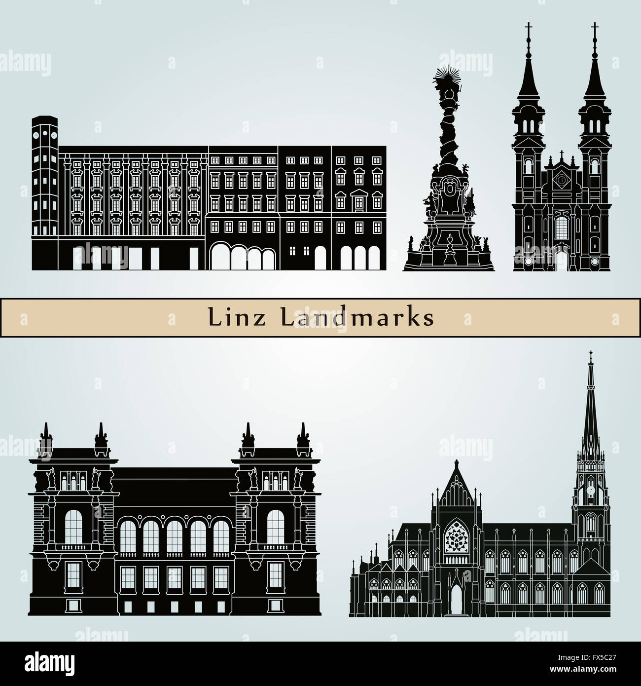 Linz landmarks and monuments isolated on blue background in editable ...
